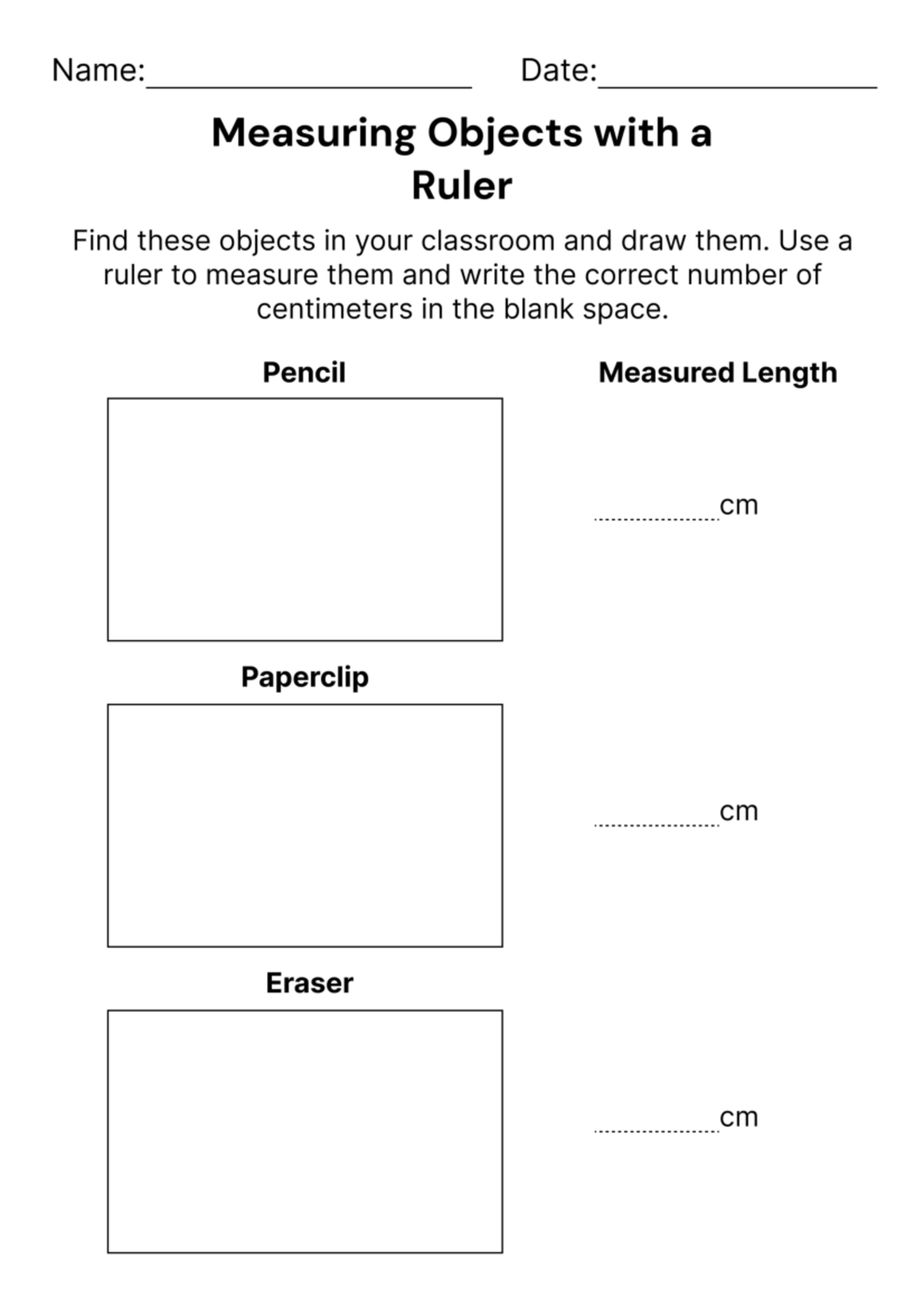 Measure Objects Using a Ruler (Centimeters) - Name: Date: Measuring ...