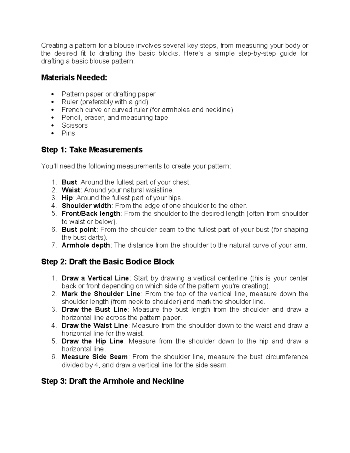 Blouse Pattern Drafting Guide: Step-by-Step Instructions - Studocu