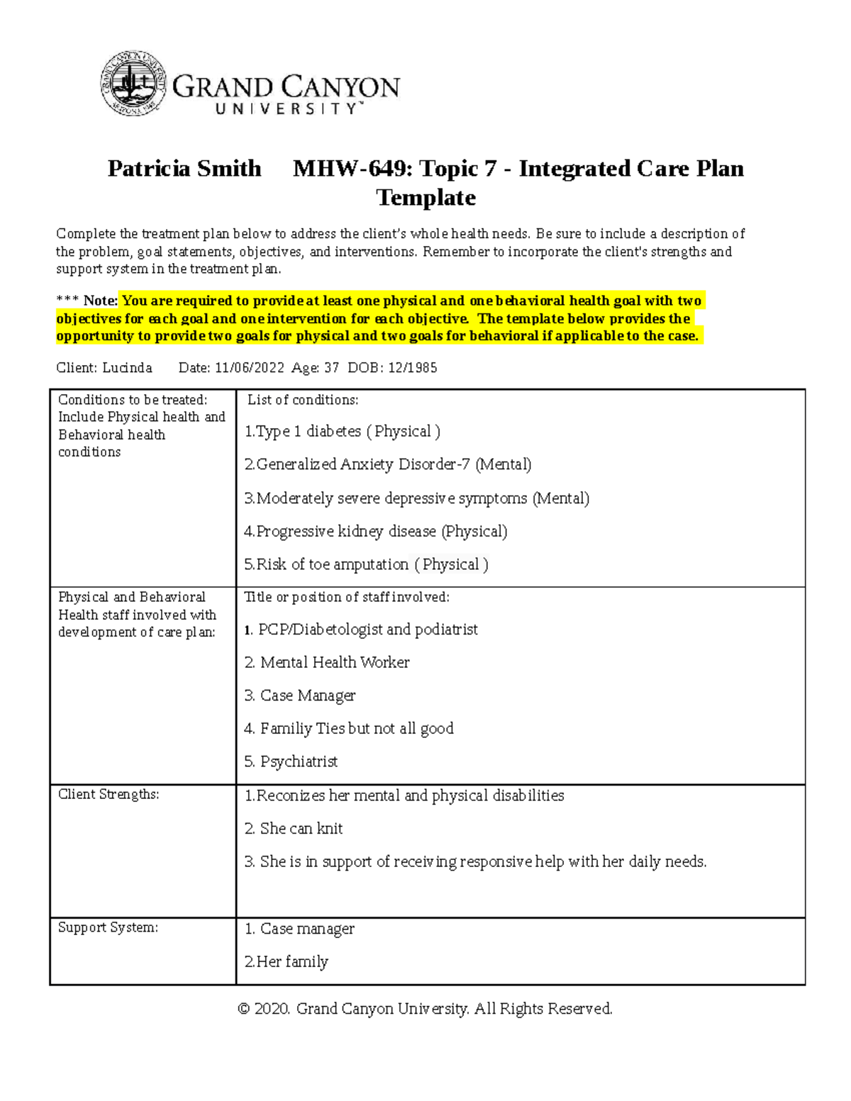 Patricia Smith MHW-649: Integrated Care Plan Template and Guidelines ...