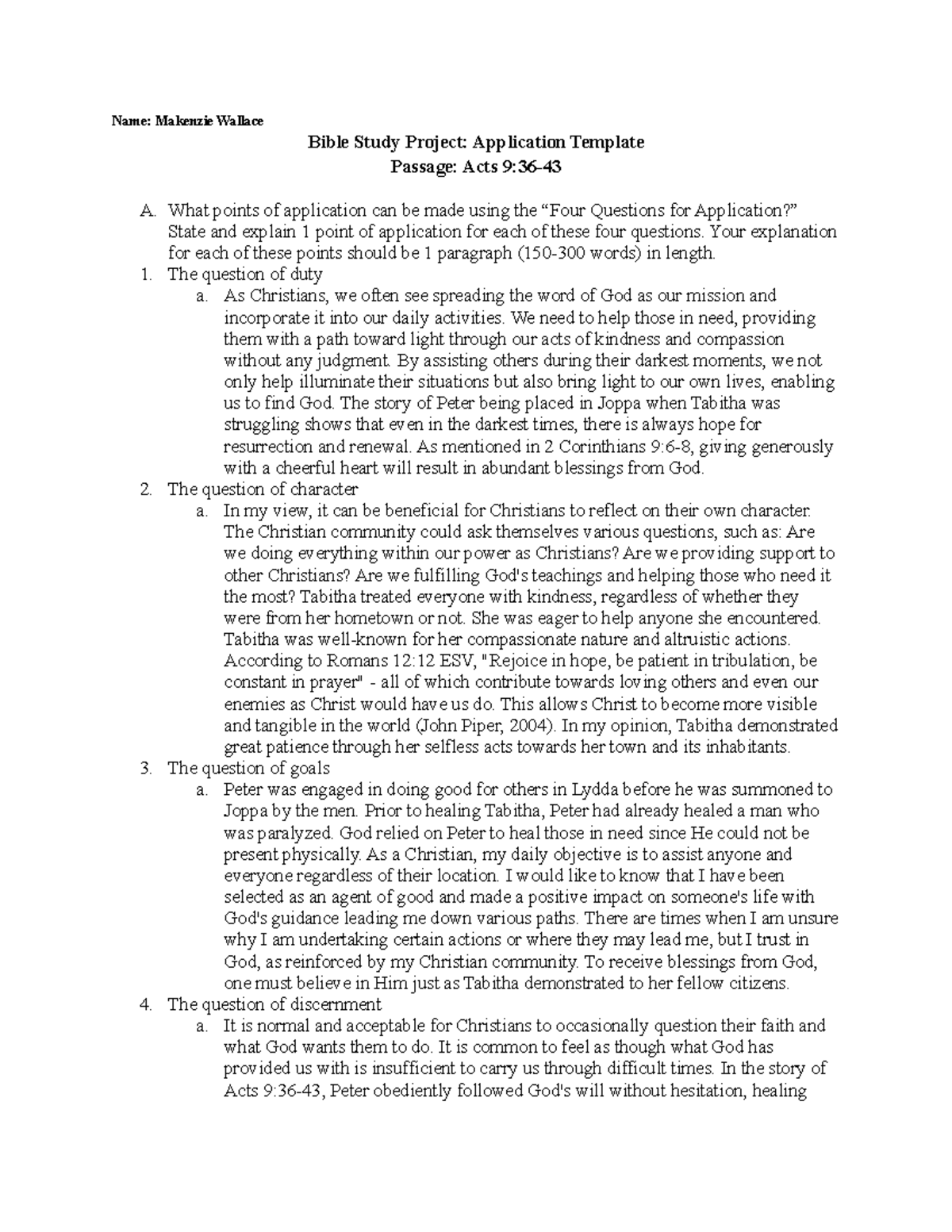 Bible Study Project: Application Assignment on Acts 9:36-43 - Studocu