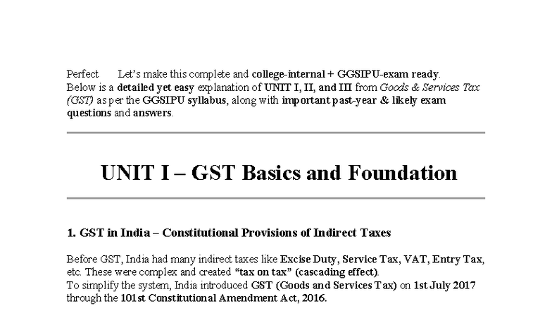 GST Notes: Comprehensive Guide to Units I & II for Exam Prep - Studocu