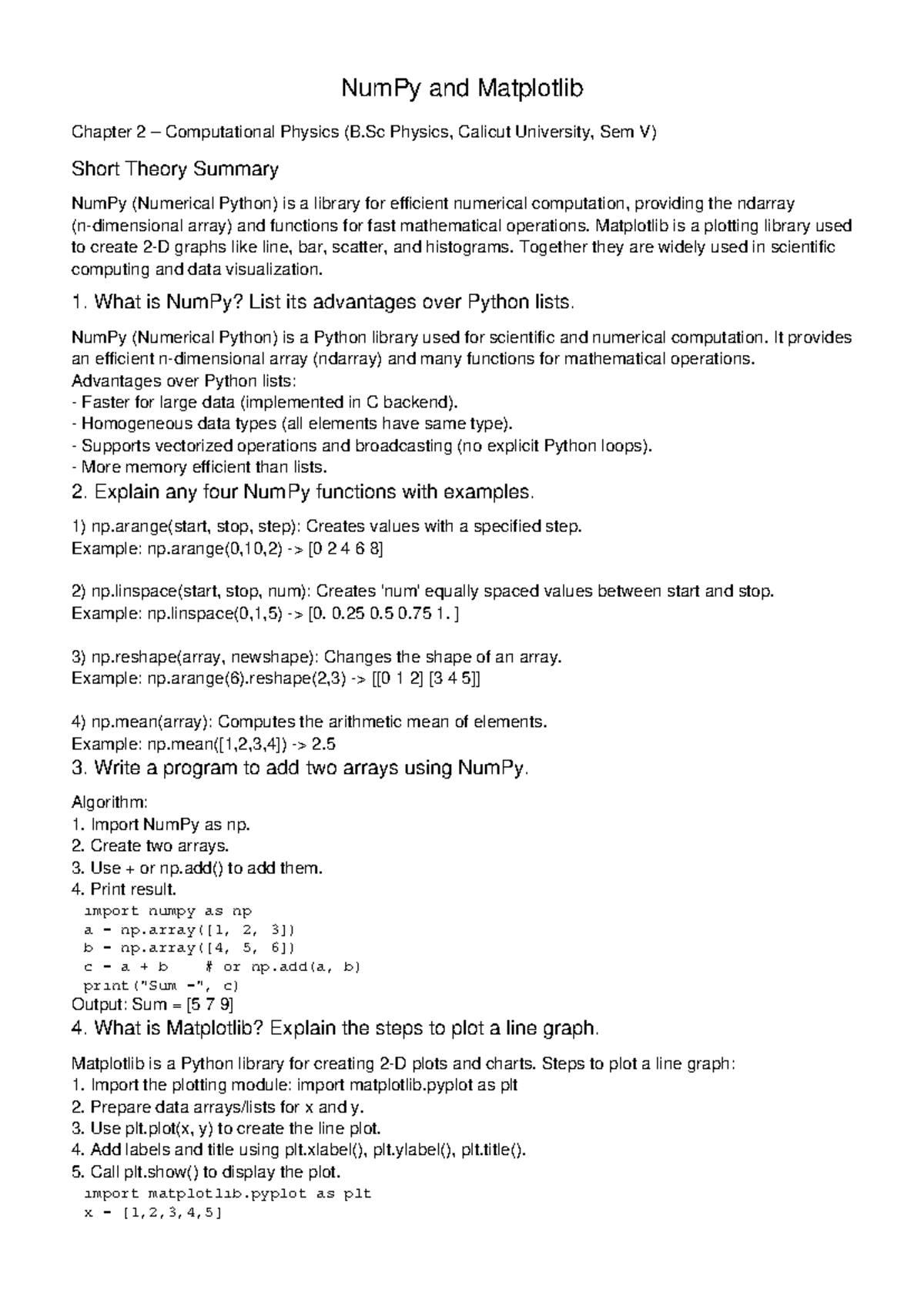 NumPy and Matplotlib Chapter 2 Summary (B.Sc Physics, Calicut Univ, Sem ...