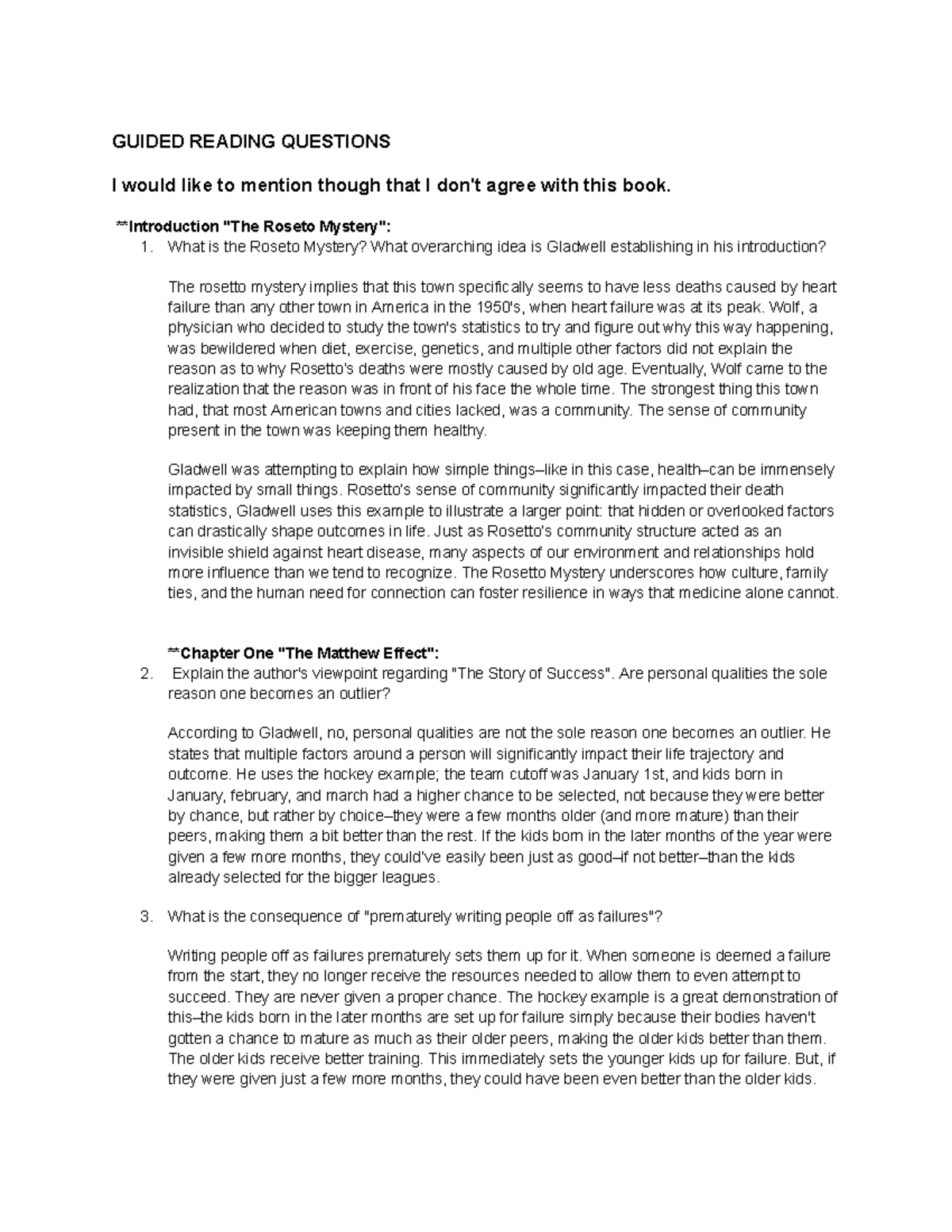 Guided Reading Questions: Insights on Gladwell's Outliers - Studocu