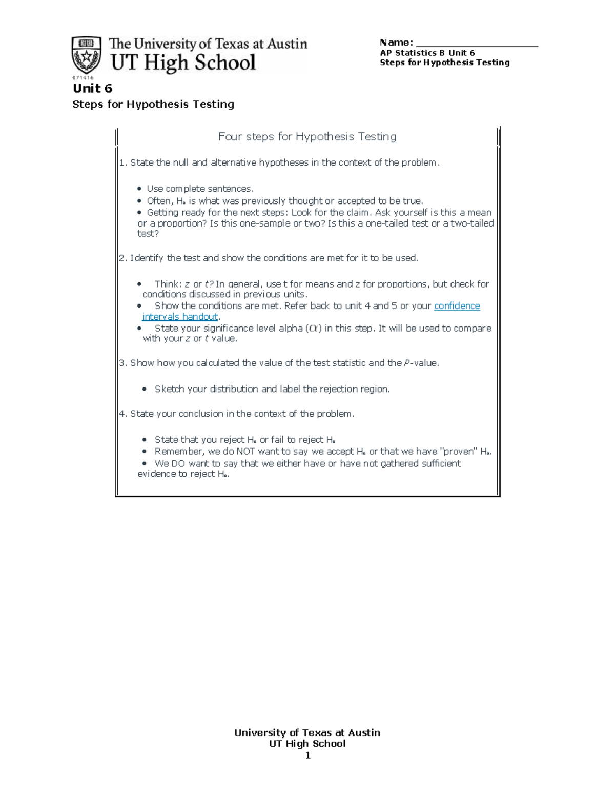 AP Statistics B Unit 6: 4 Steps for Hypothesis Testing Guide - Studocu