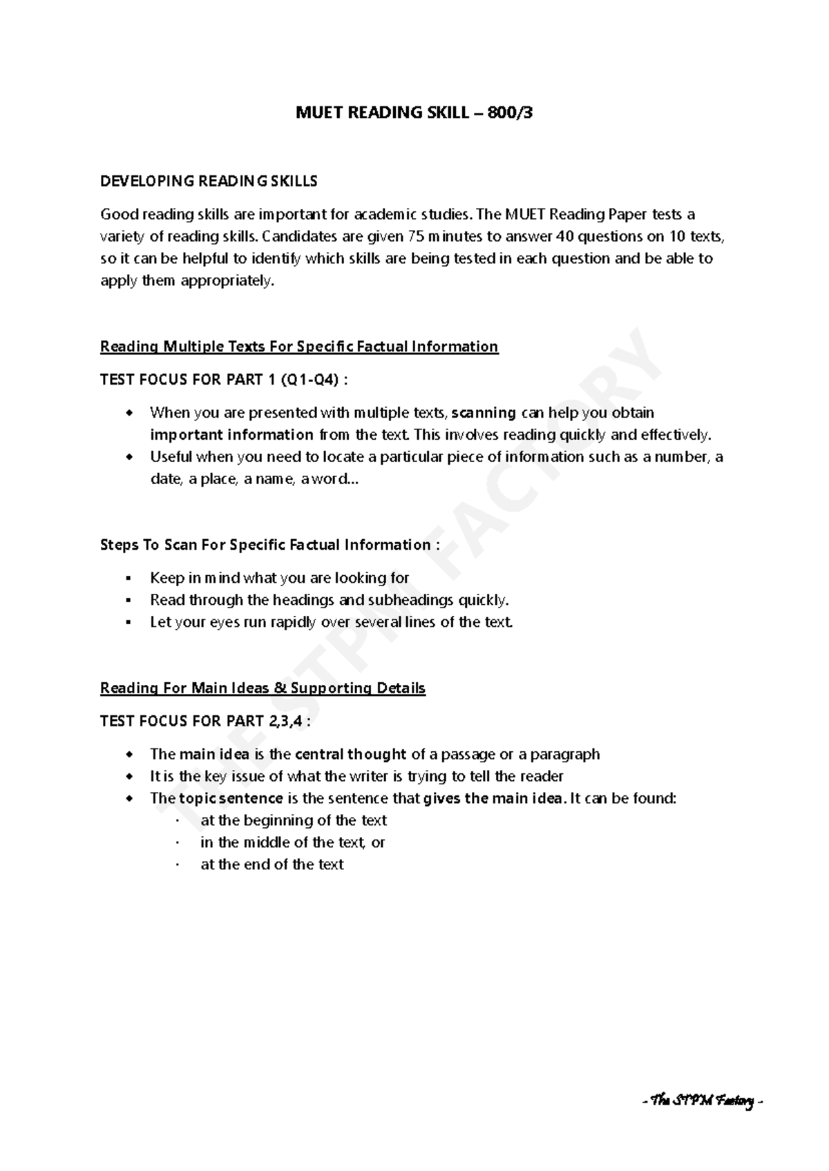 MUET Reading Skills - Comprehensive Guide for STPM Candidates - Studocu