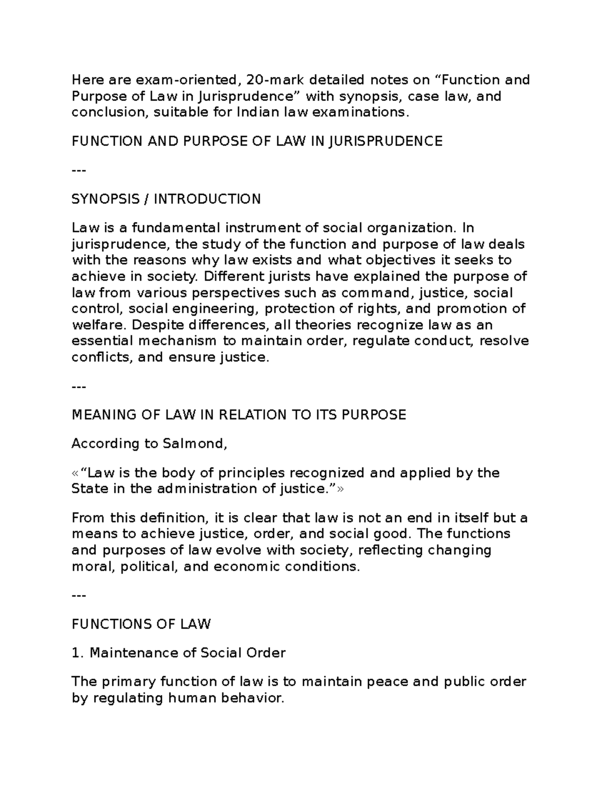 Jurisprudence Notes: Function, Purpose, and Schools of Law (Indian Law ...