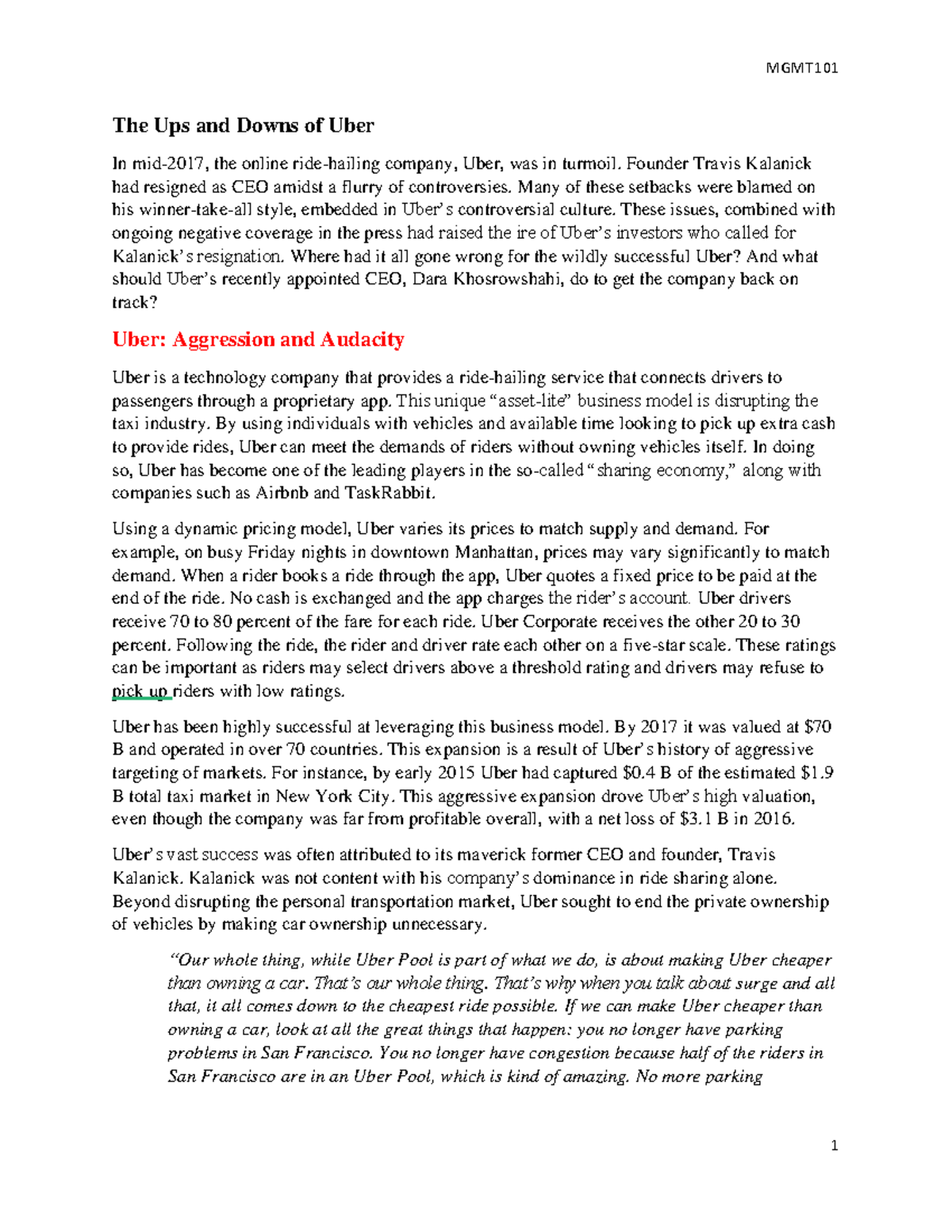MGMT101 Case Study: The Rise and Challenges of Uber - Studocu