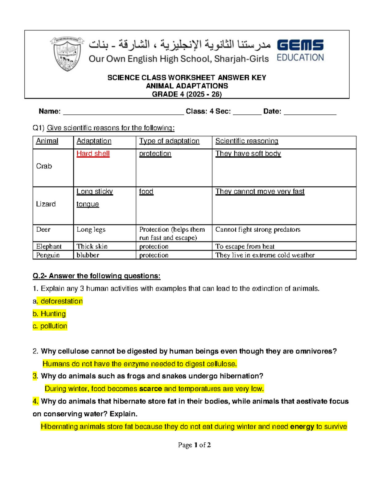 Gr 4 - Class WS Animal Adaptations Answer Key (2025-26) - Studocu