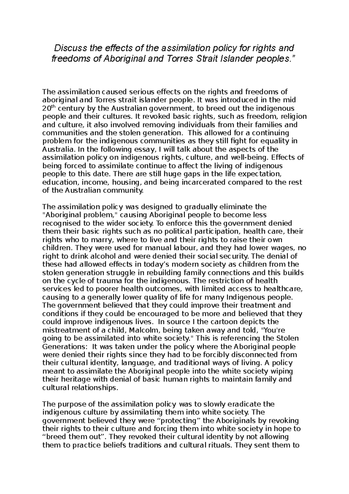 History Term 3 Essay: Effects of Assimilation on Aboriginal Rights ...