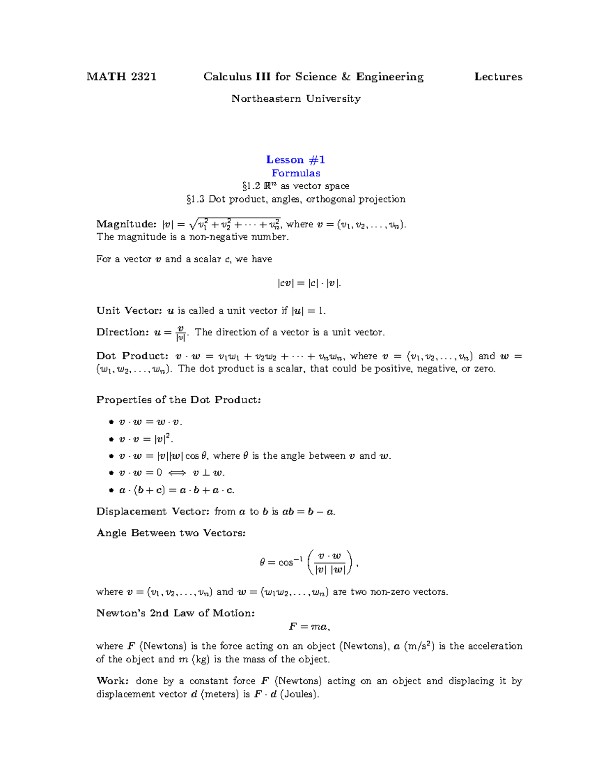MATH 2321 Calculus III Lecture 1: Essential Formulas & Concepts - Studocu