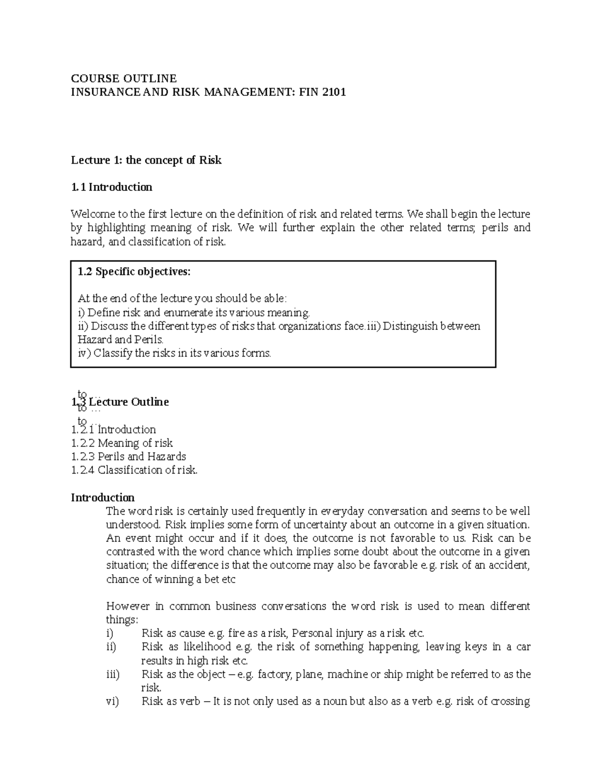 Course Outline FIN2101: Lecture 1 - Understanding Risk Concepts - Studocu