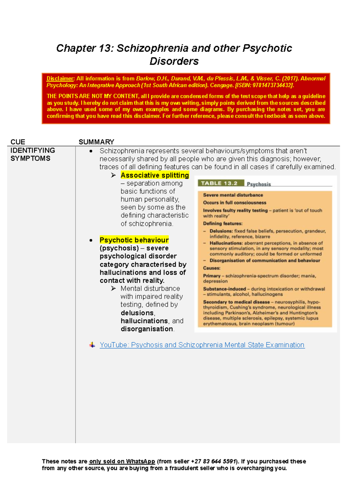 Adult Psychopathology Ch. 13: Schizophrenia & Psychotic Disorders Notes ...