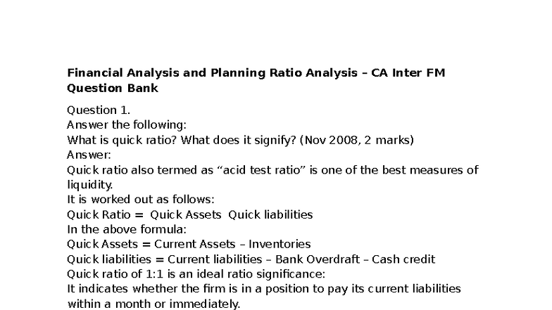 Financial Analysis & Planning: Ratio Analysis - CA Inter FM Q Bank ...