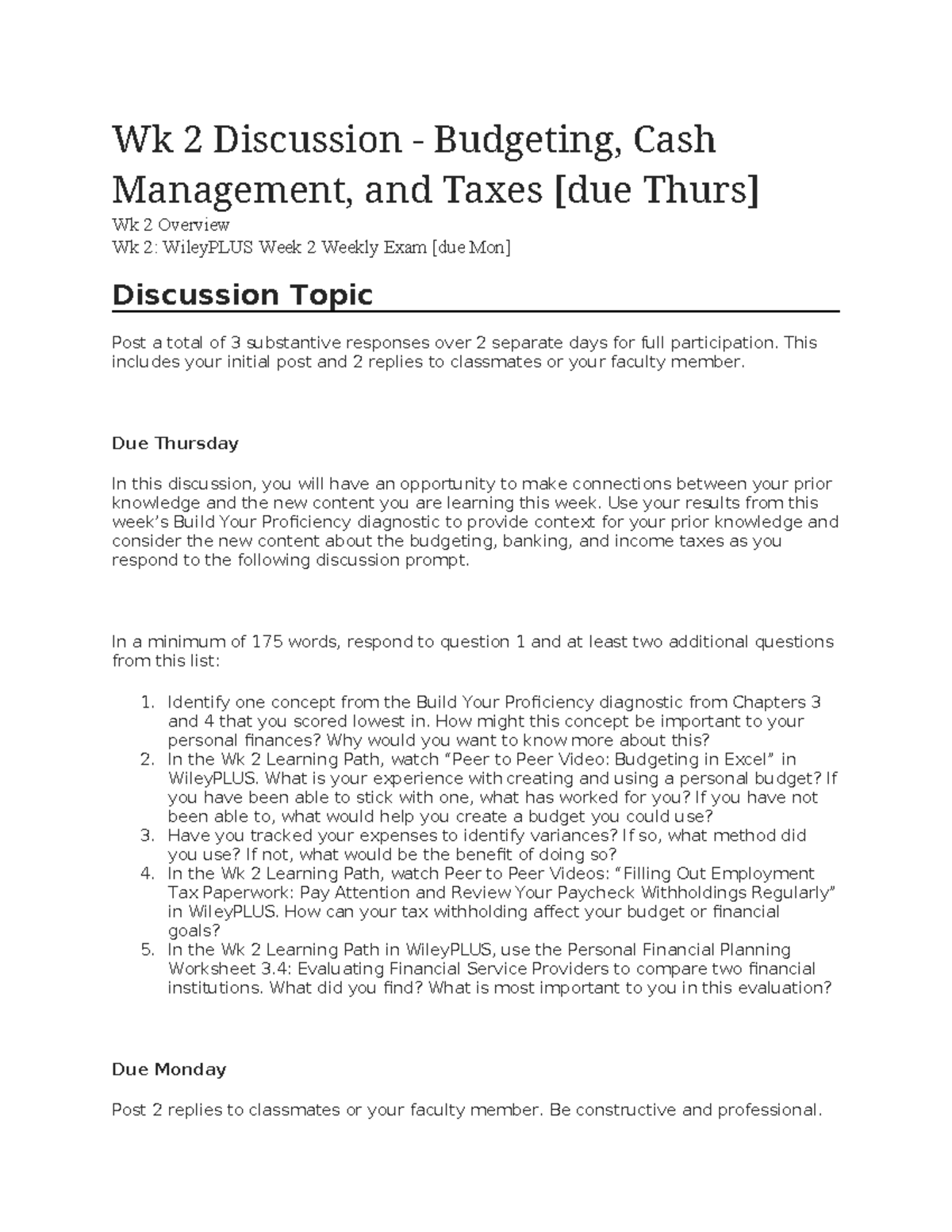 FP Week 2 - Homework: Budgeting, Cash Management & Taxes Discussion ...