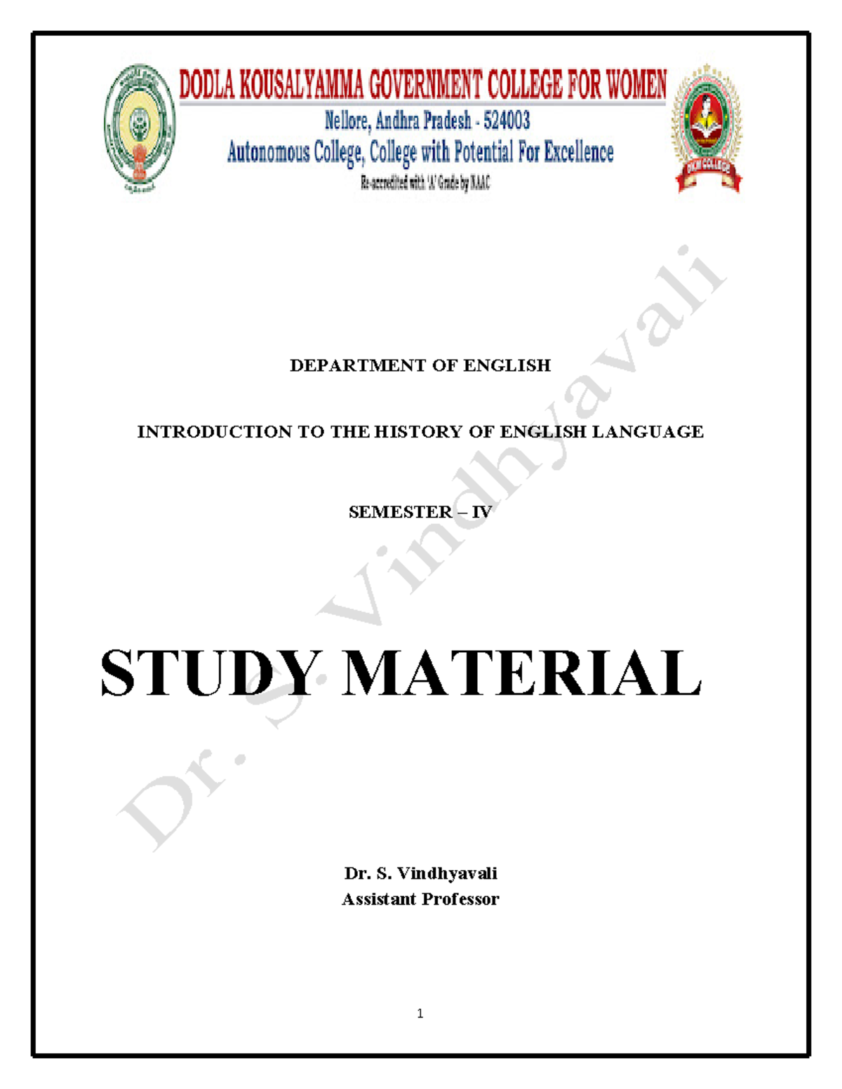 History of English Language - Dr. S. Vindhyavali DEPARTMENT OF ENGLISH ...