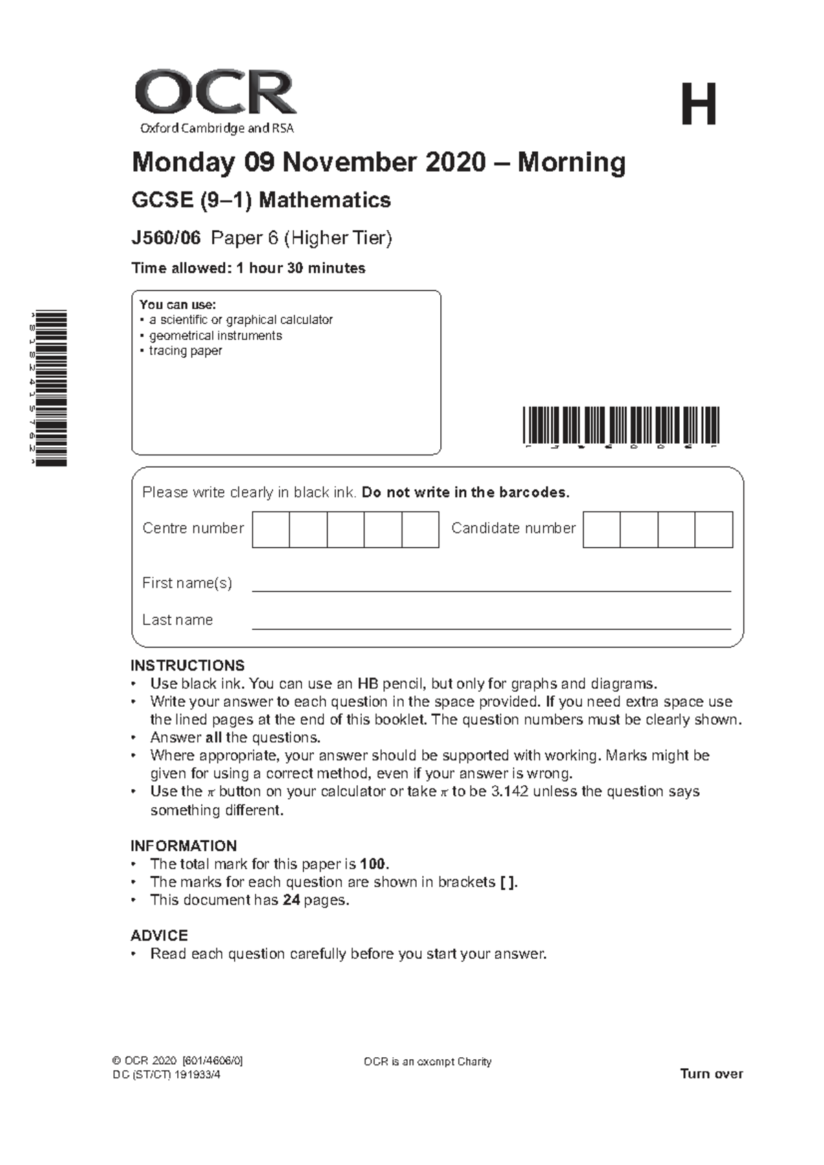 GCSE Mathematics Paper 6 (Higher Tier) - November 2020 Exam - Studocu