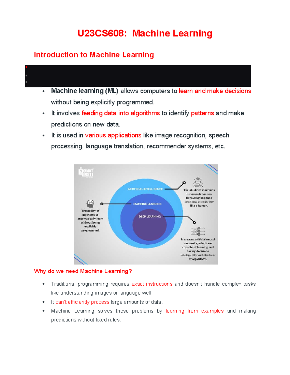 U23CS608: Introduction to Machine Learning Concepts and Applications - Studocu