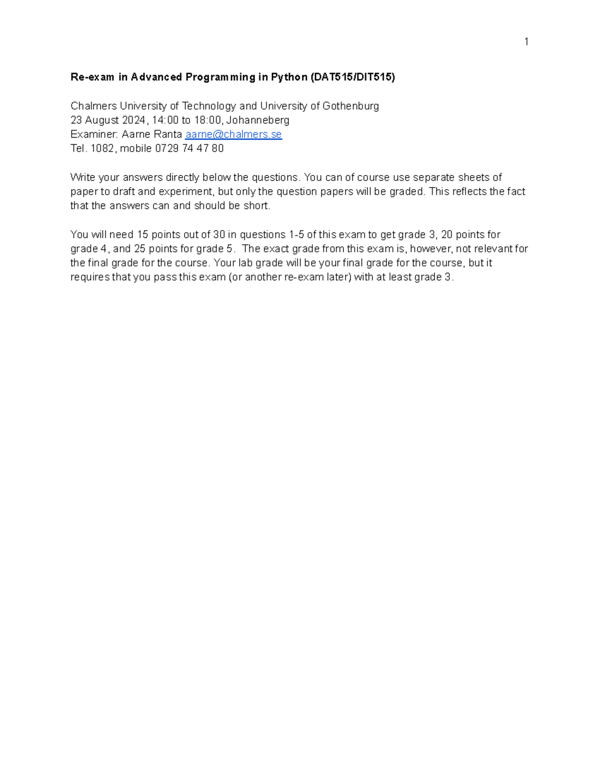 Advanced Programming in Python Exam 2024 - Chalmers University - Studocu