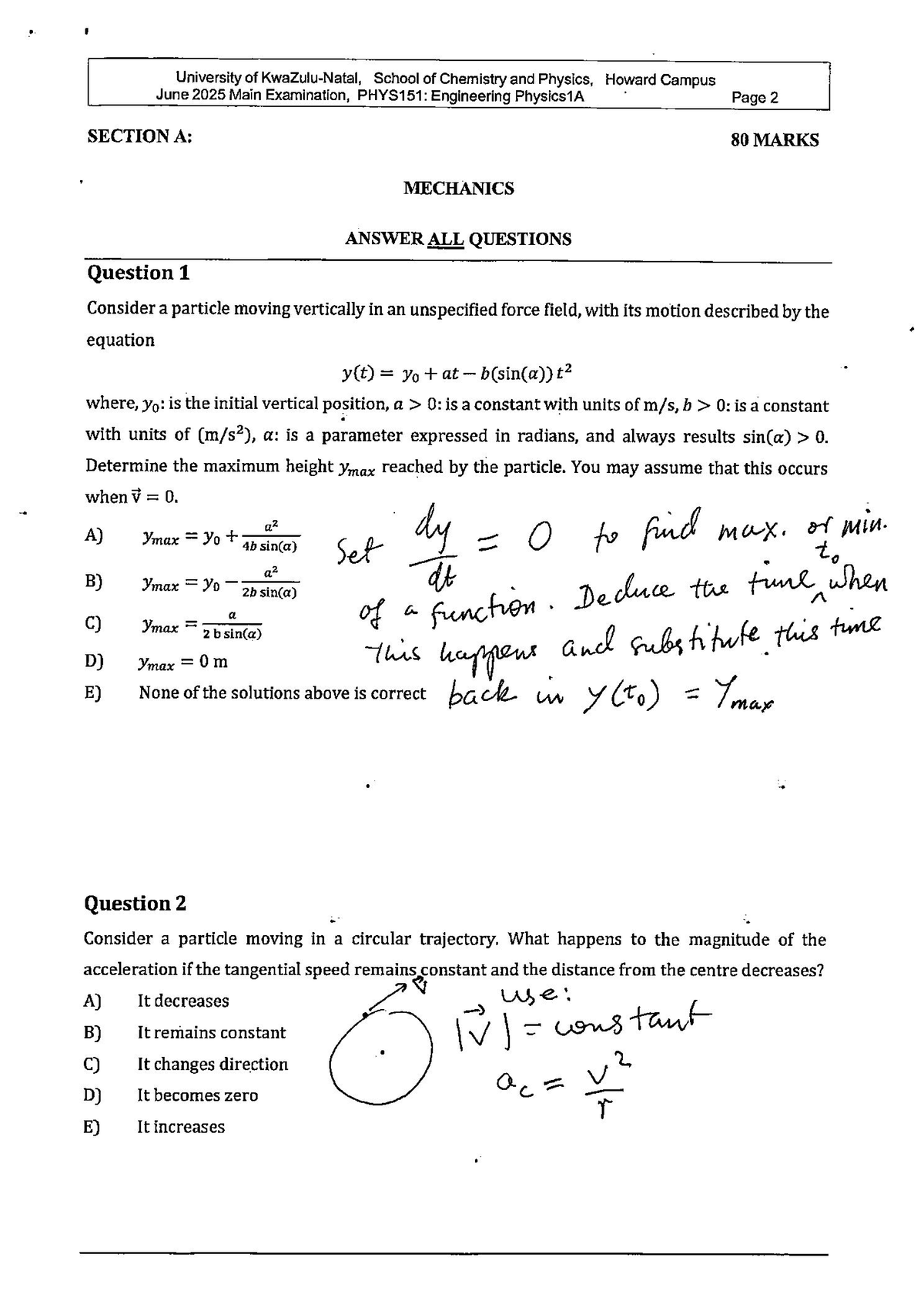 PHYS151: Engineering Physics1A June 2025 Main Exam Questions and ...