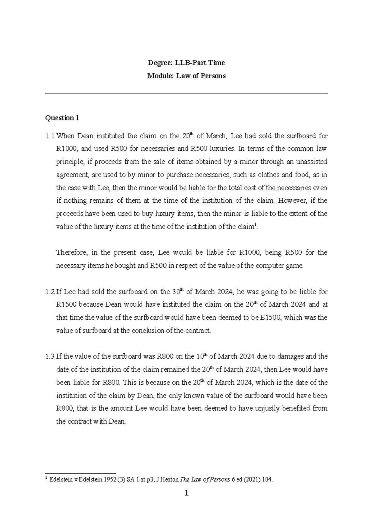 Law of Persons LLB Case Study: Undue Enrichment Analysis - Studocu