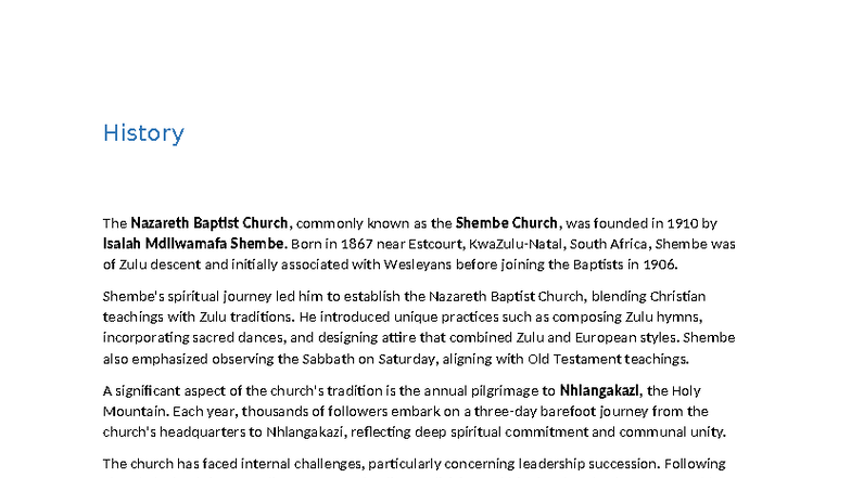 History of the Nazareth Baptist Church and Isaiah Shembe's legacy - Studocu