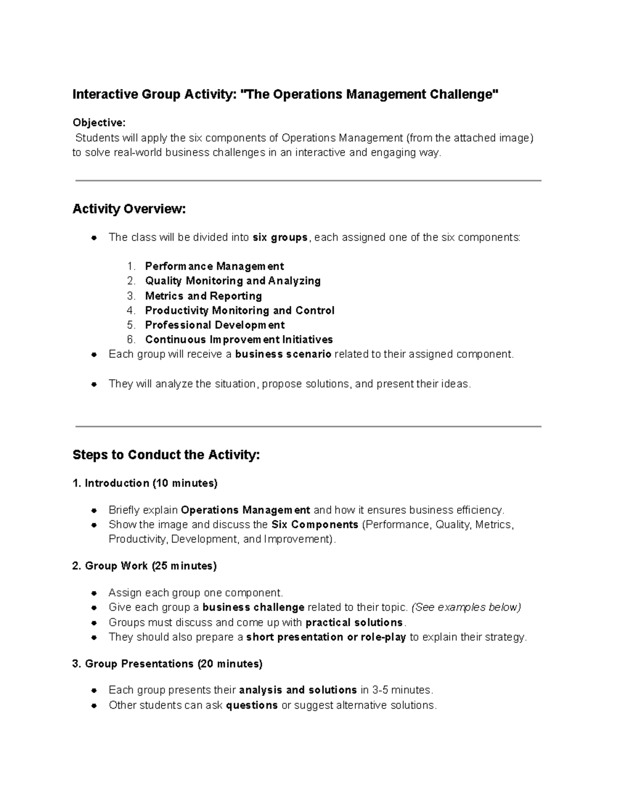 OM 101: Interactive Group Activity on Operations Management Concepts ...