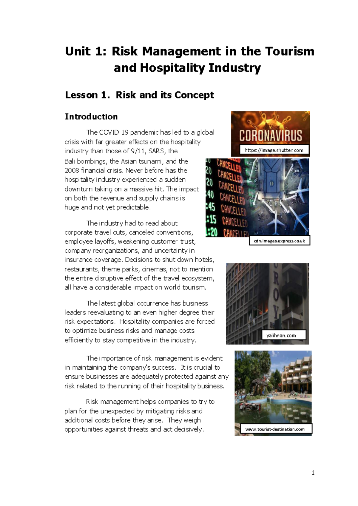 Unit 1 Lesson 1: Understanding Risk Management in Hospitality - Studocu