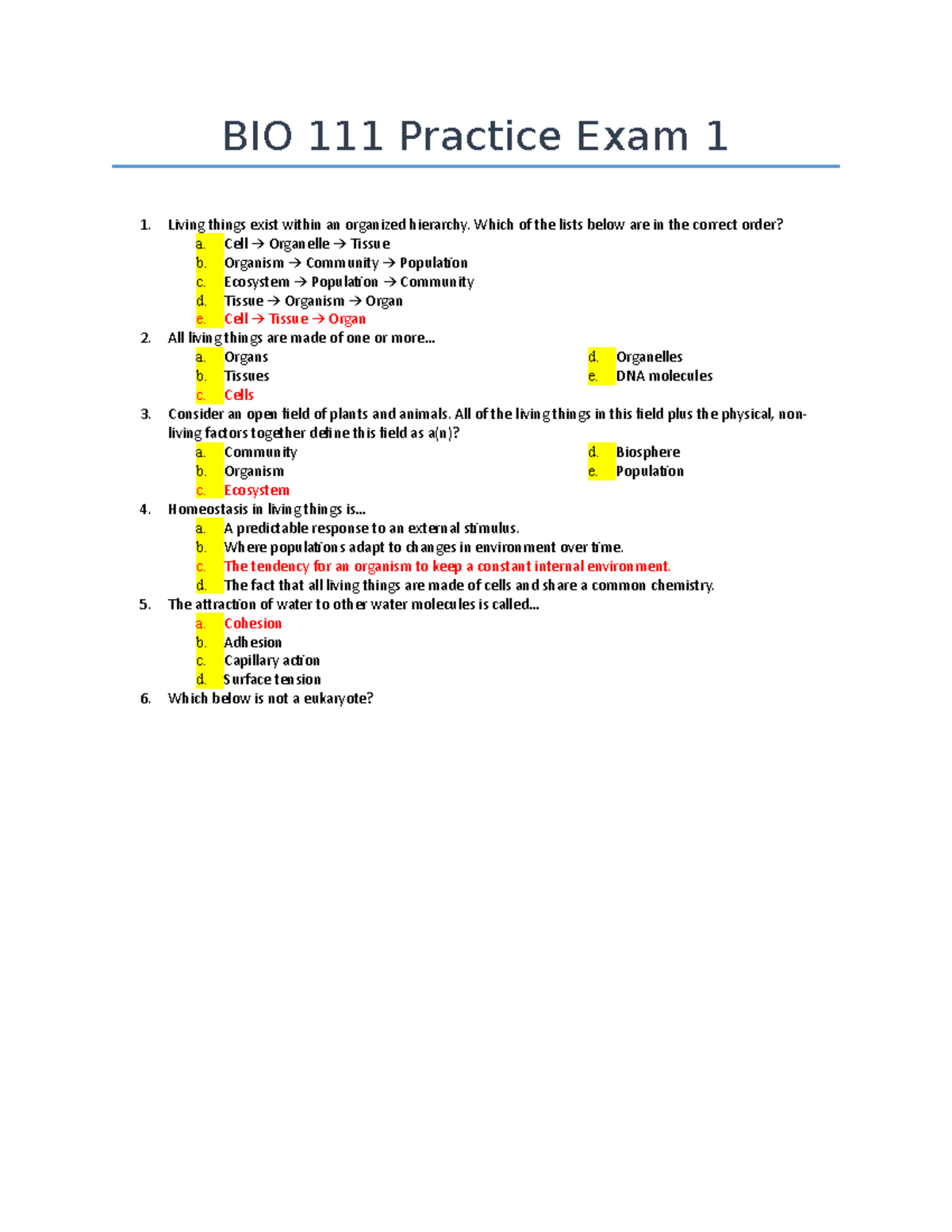 BIO 111 Practice Exam 1: Comprehensive Answer Key - Studocu