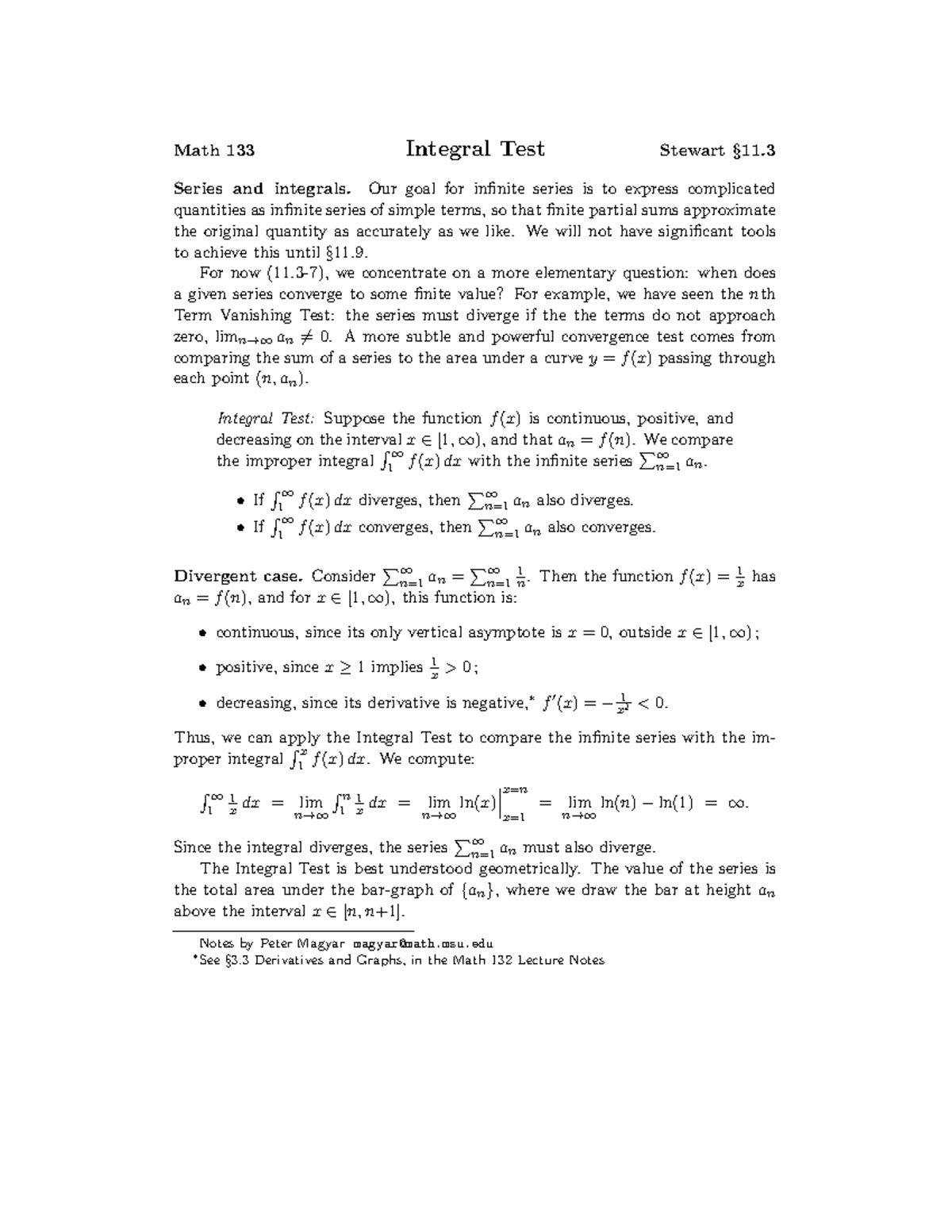 Integral Test 11.3 - Math 133 Integral Test Stewart §11. Series and ...