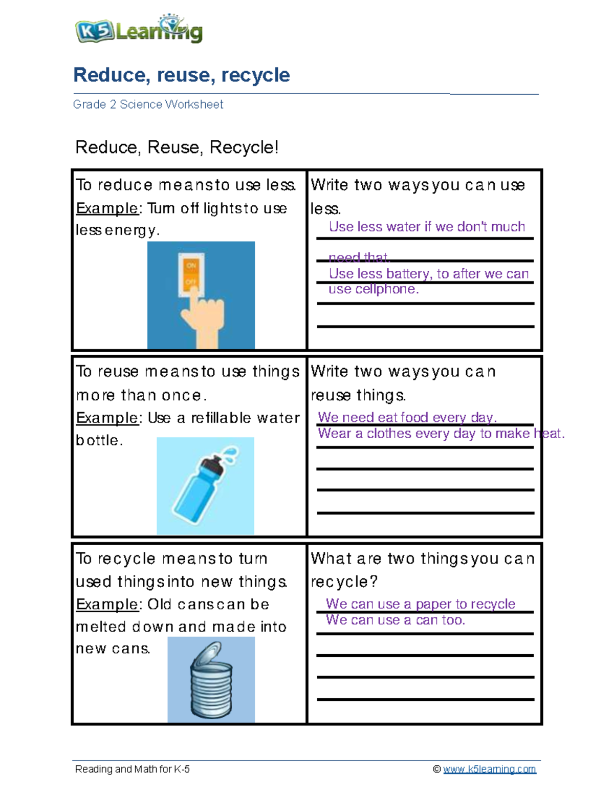 Grade k reduce reuse recycle - Reading and Math for K- 5 © k5learning ...