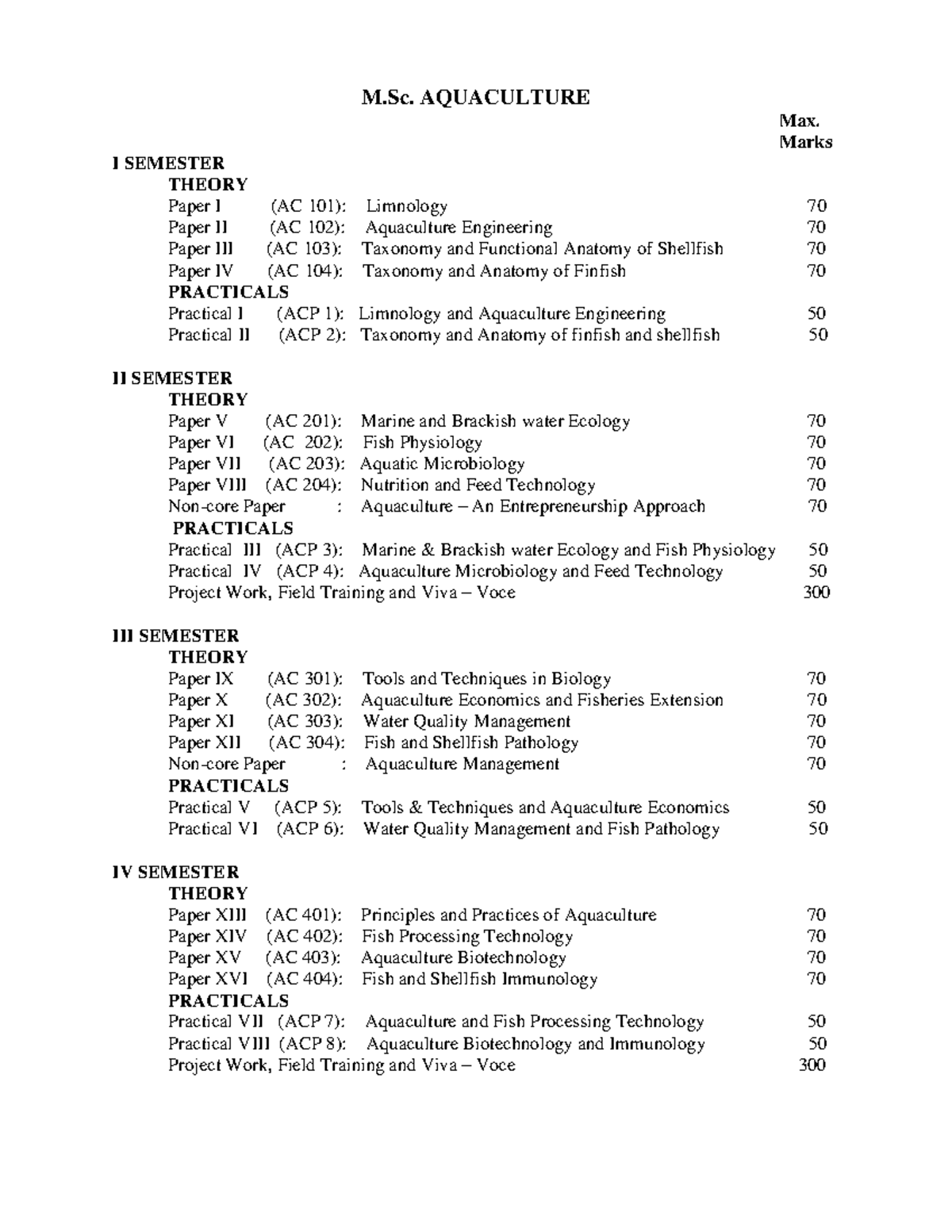 MSc Aquaculture Syllabus Overview (AC 101-AC 404) and Practical Details ...