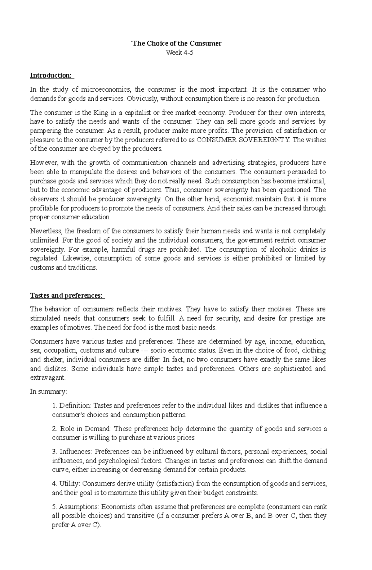 The Choice of the Consumer: Week 4 & 5 Microeconomics Insights - Studocu