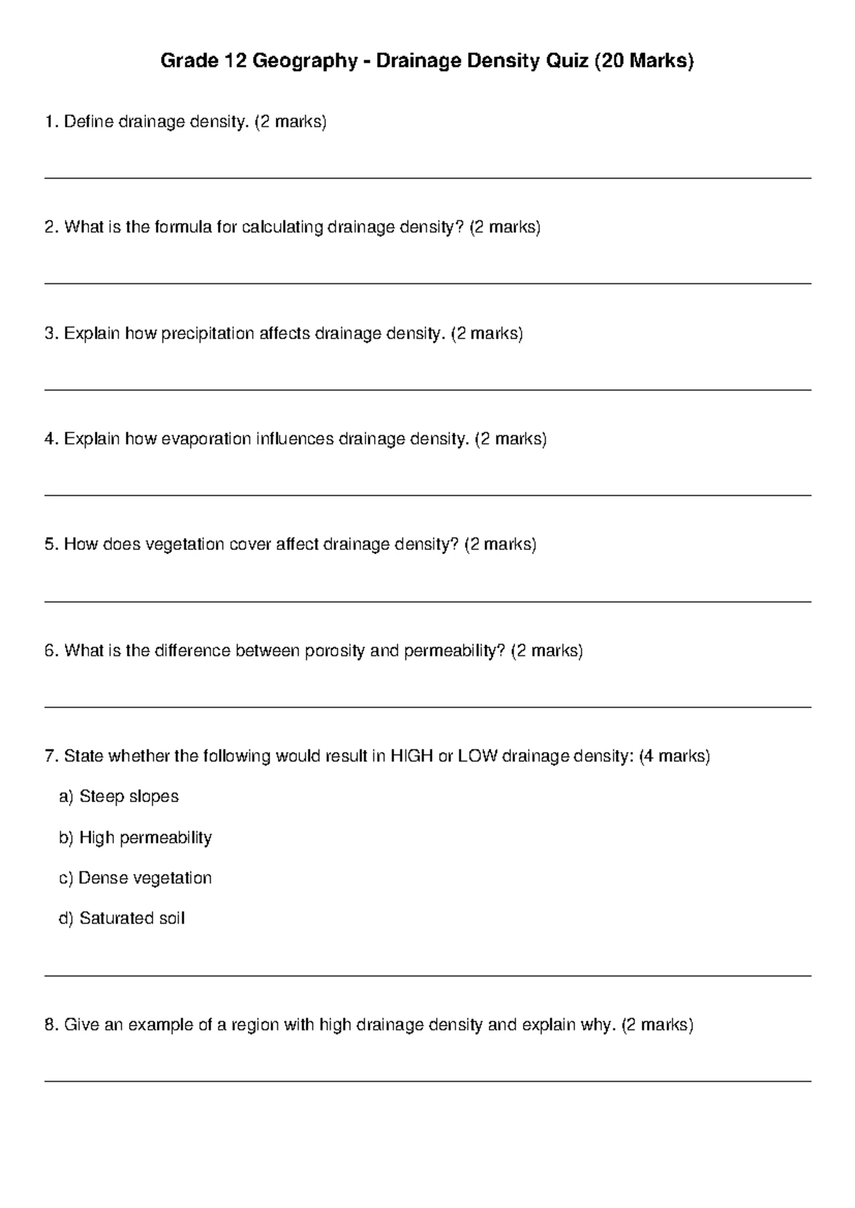 Grade 12 Geography Drainage Density Quiz Memo (20 Marks) - Studocu