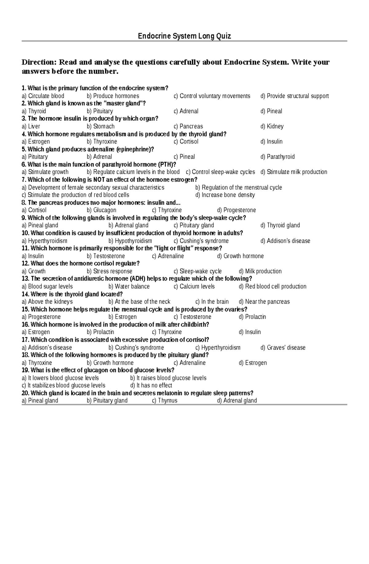 Endocrine System Long Quiz - Course Code: BIO101 - Studocu