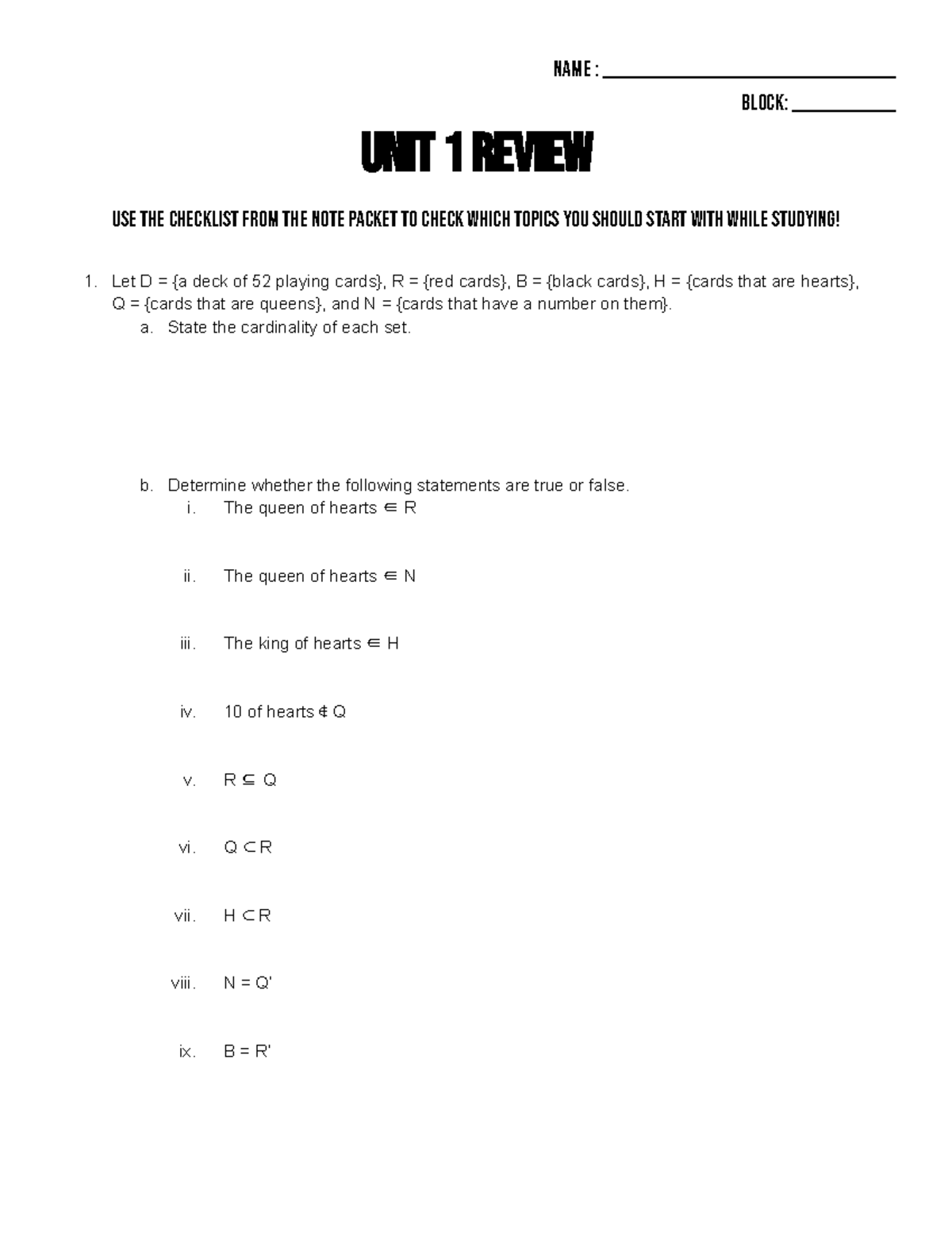 Math 2: Unit 1 Review Guide & Problem Set Checklist - Studocu