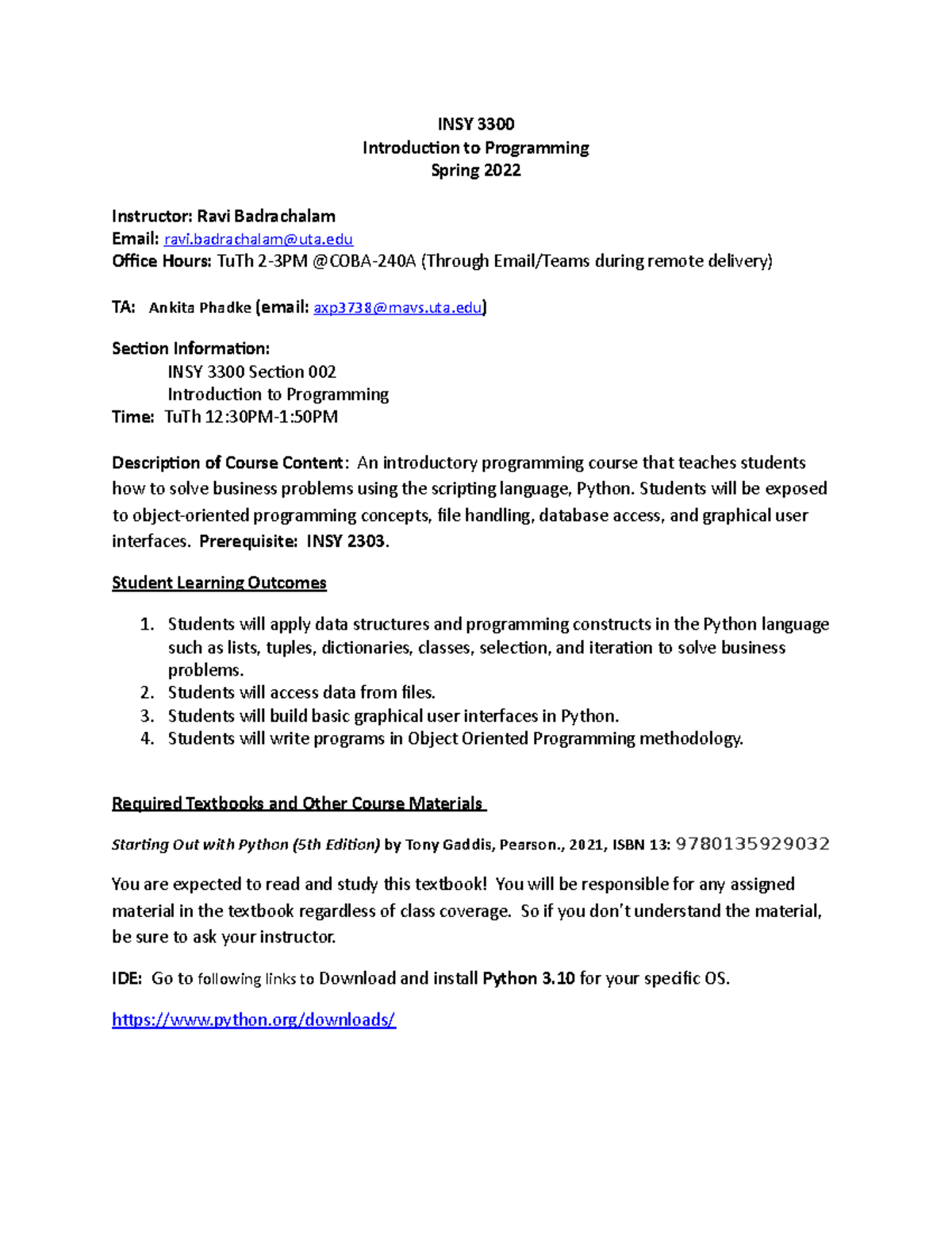 2022- Spring 2222-INSY-3300-002 - INSY 3300 Introduction to Programming Spring 2022 Instructor ...