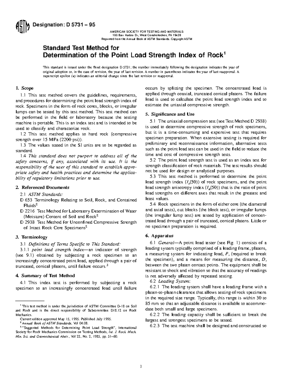 ASTM D5731 Standard Test Method for Point Load Strength Index of Rock ...