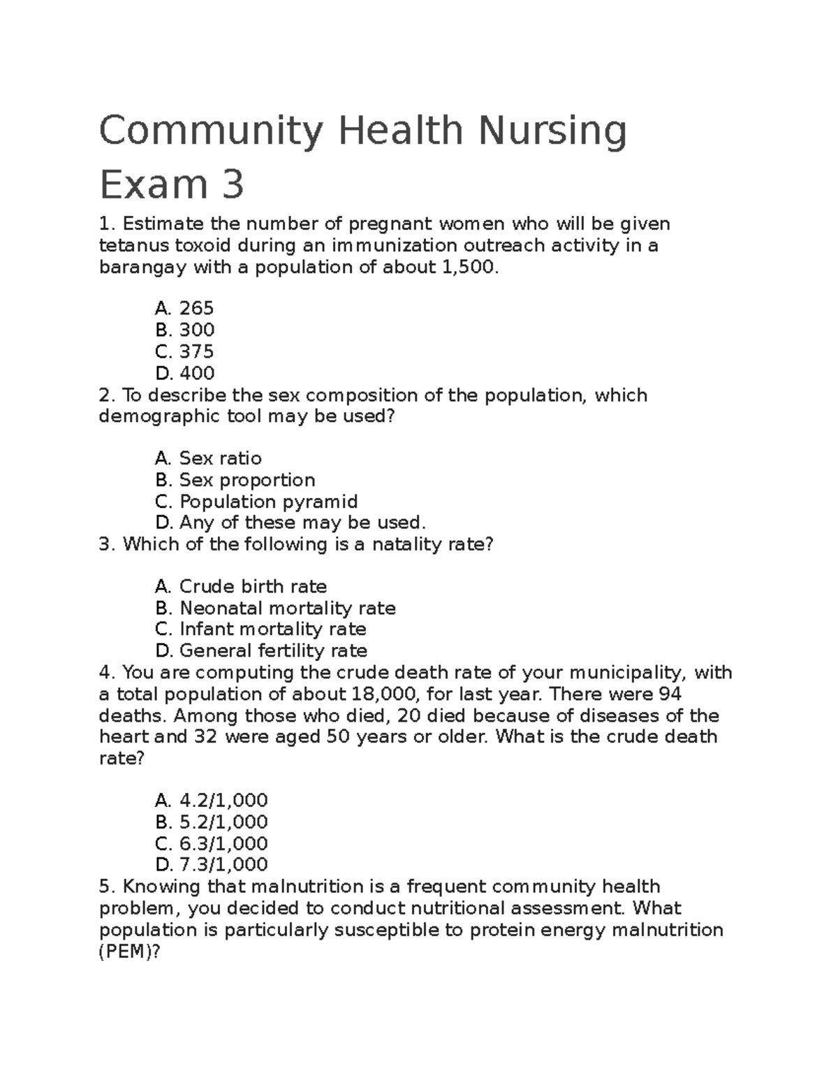 Community Health Nursing Exam 3: Key Questions and Answers - Studocu