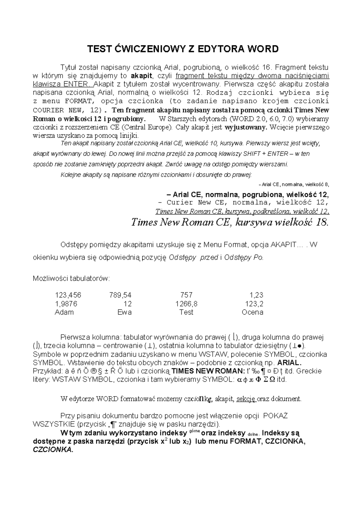 Test Cwiczeniowy Z Edytora WORD - Wskazówki i Przykłady - Studocu