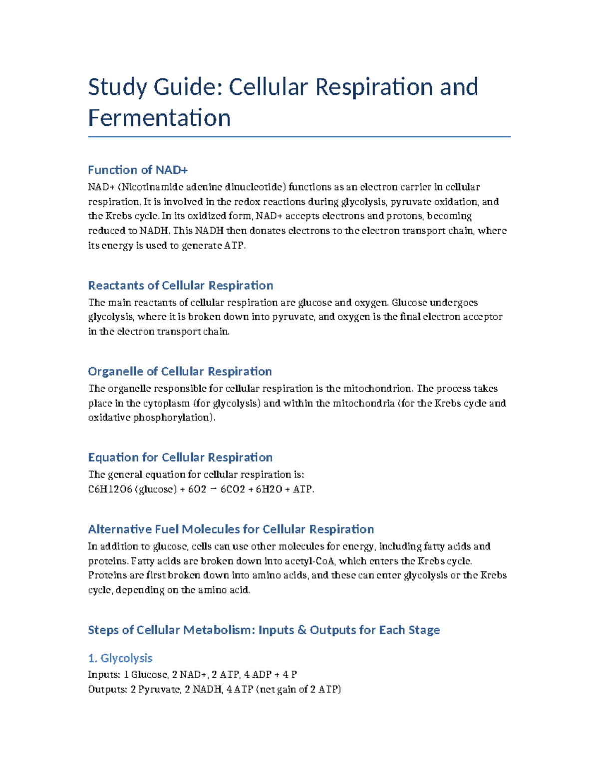 Cellular Respiration Study Guide (BIO 101): Key Concepts & Steps - Studocu