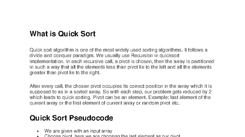 Quick Sort Algorithm Overview and Implementation - Studocu