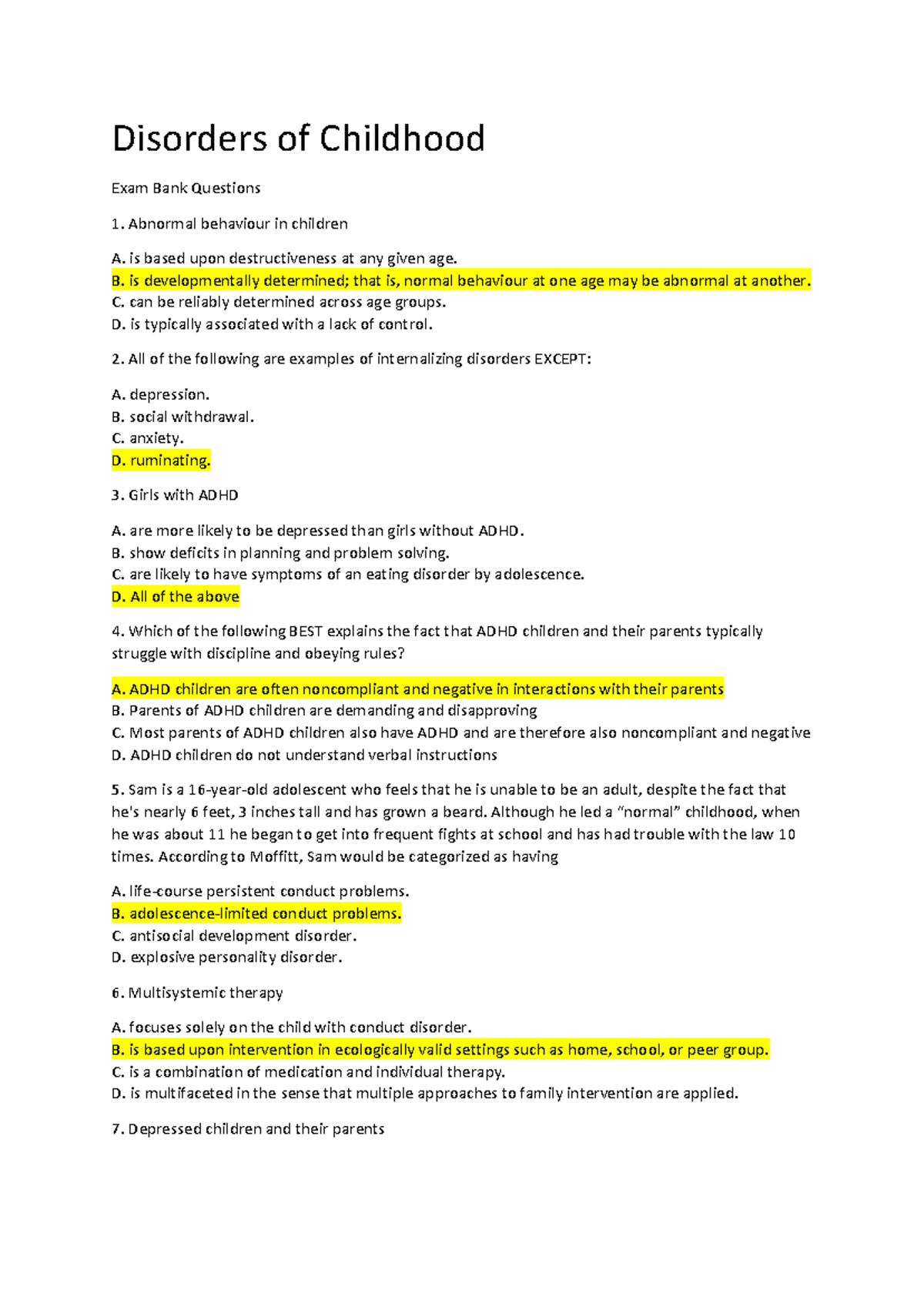 Childhood Disorders: MCQ Exam Bank Questions and Answers - Studocu