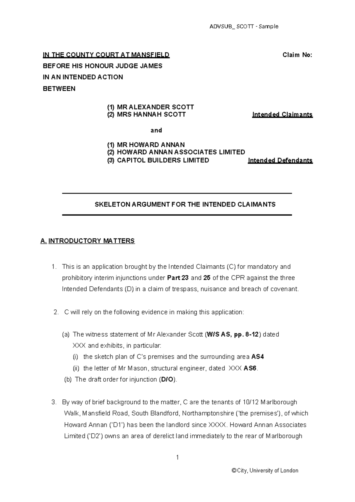 ADVSUB_ SCOTT Sample Skeleton Argument for County Court Claim - Studocu