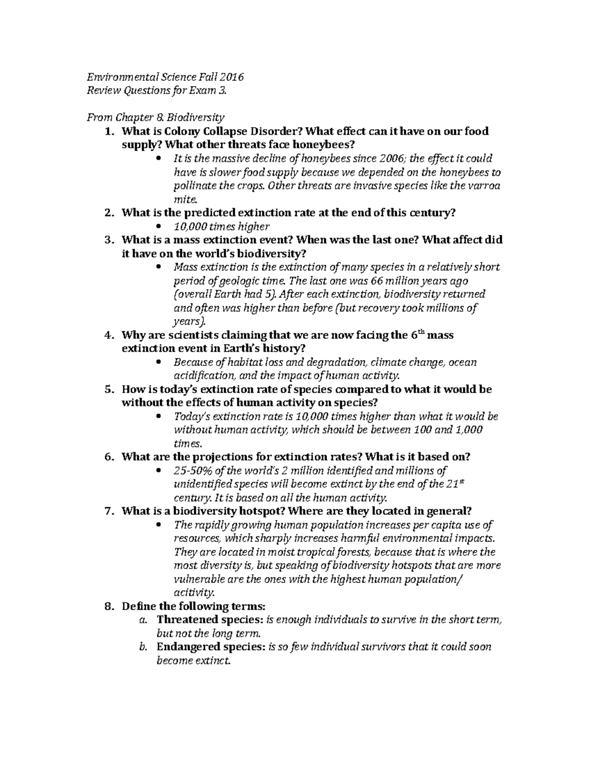 Review questions for Exam 3 - Environmental Science Fall 2016 Review ...