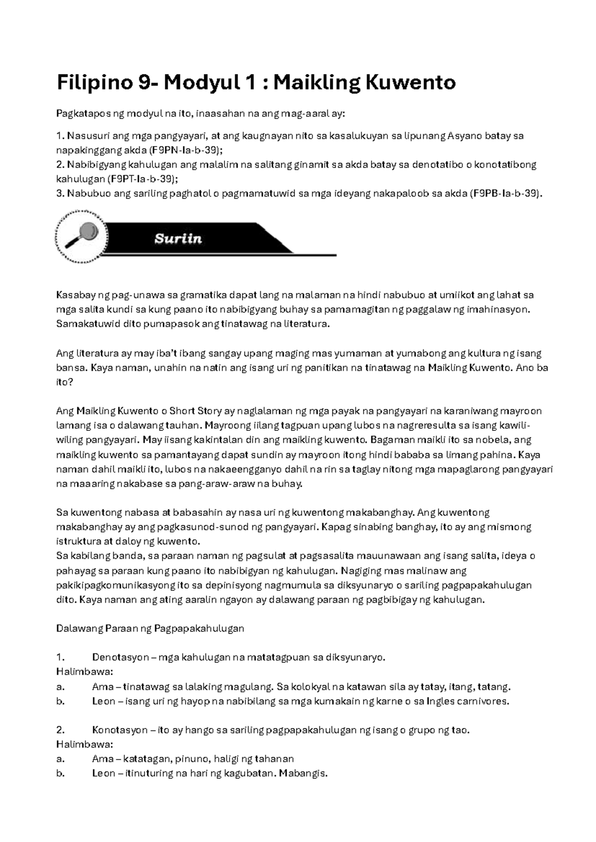 Modyul 1 2 - Module - Filipino 9- Modyul 1 : Maikling Kuwento Pagkatapos ng modyul na ito ...