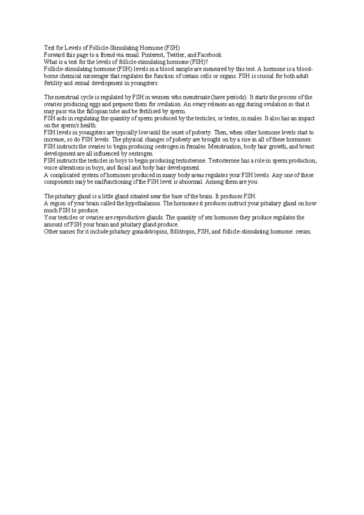 FSH Testing: Understanding Levels of Follicle-Stimulating Hormone - Studocu