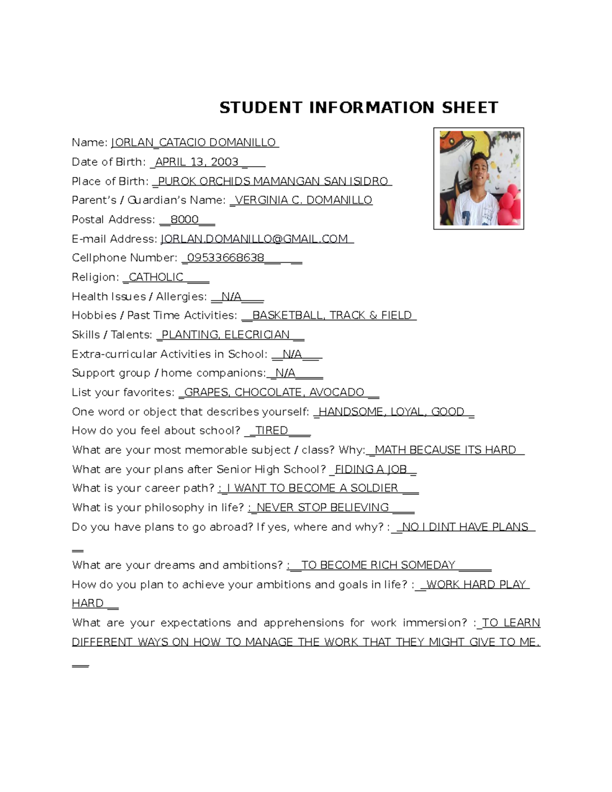 Work Immersion Student Info Template - Jorlan Domanillo - Studocu