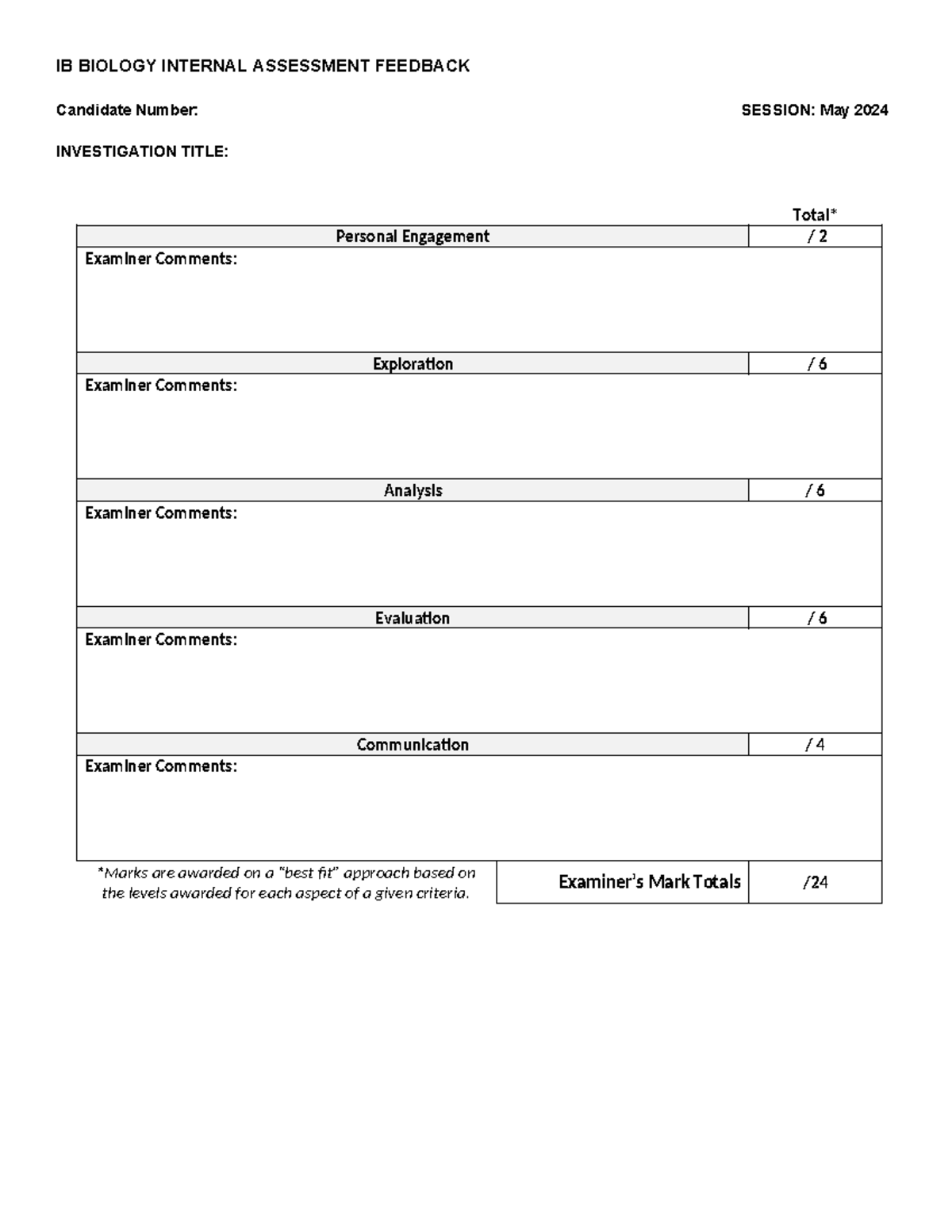 IB Biology-IA Score Sheet: Feedback & Evaluation Criteria - Studocu