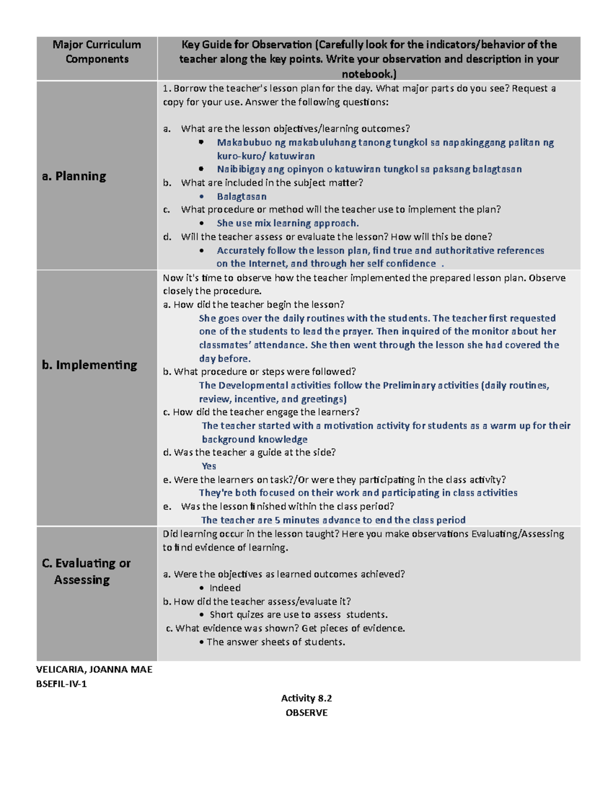 Activity 8 - Teacher Observation and Evaluation Guide (BSEFIL-IV) - Studocu
