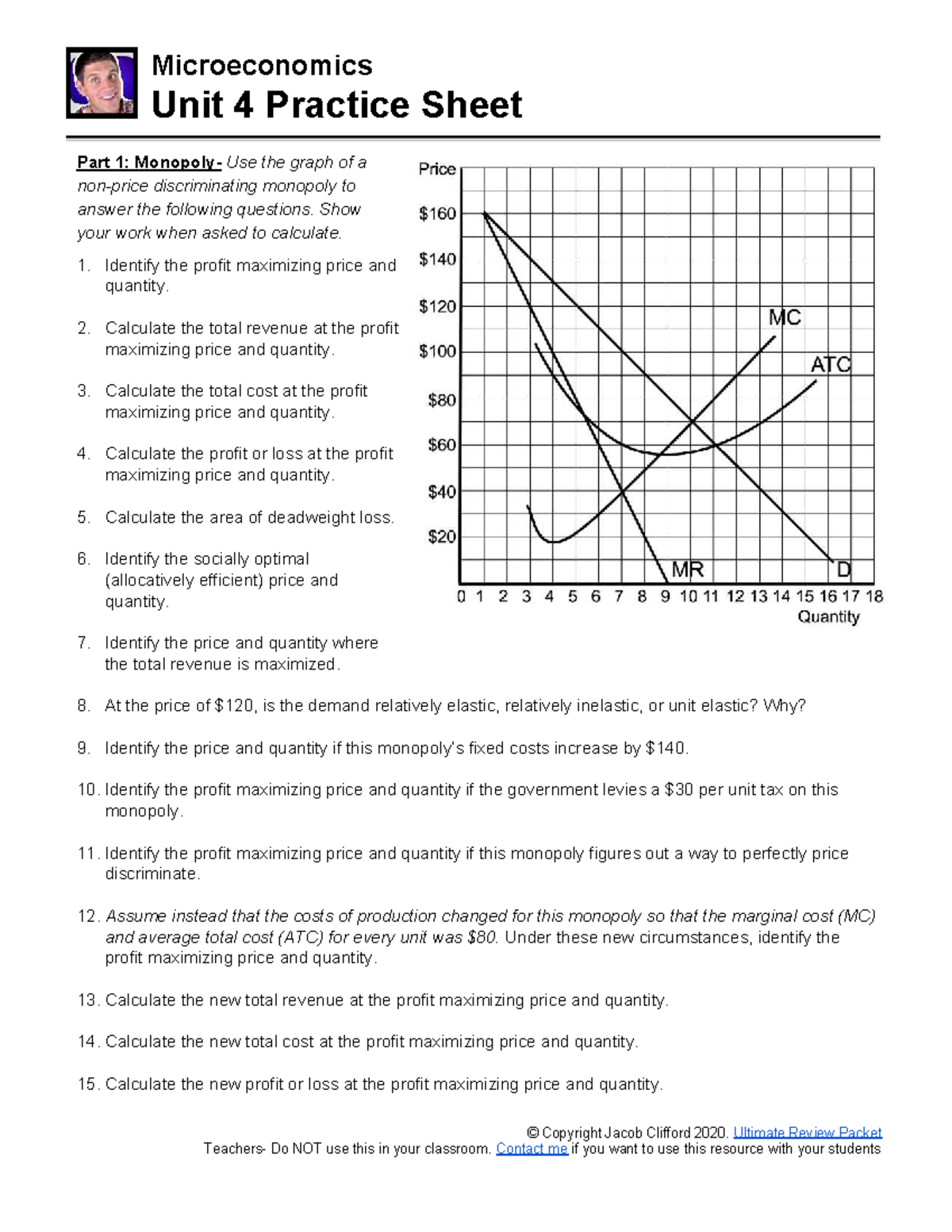 Microeconomics Unit 4 Practice Sheet: Monopoly Analysis and ...